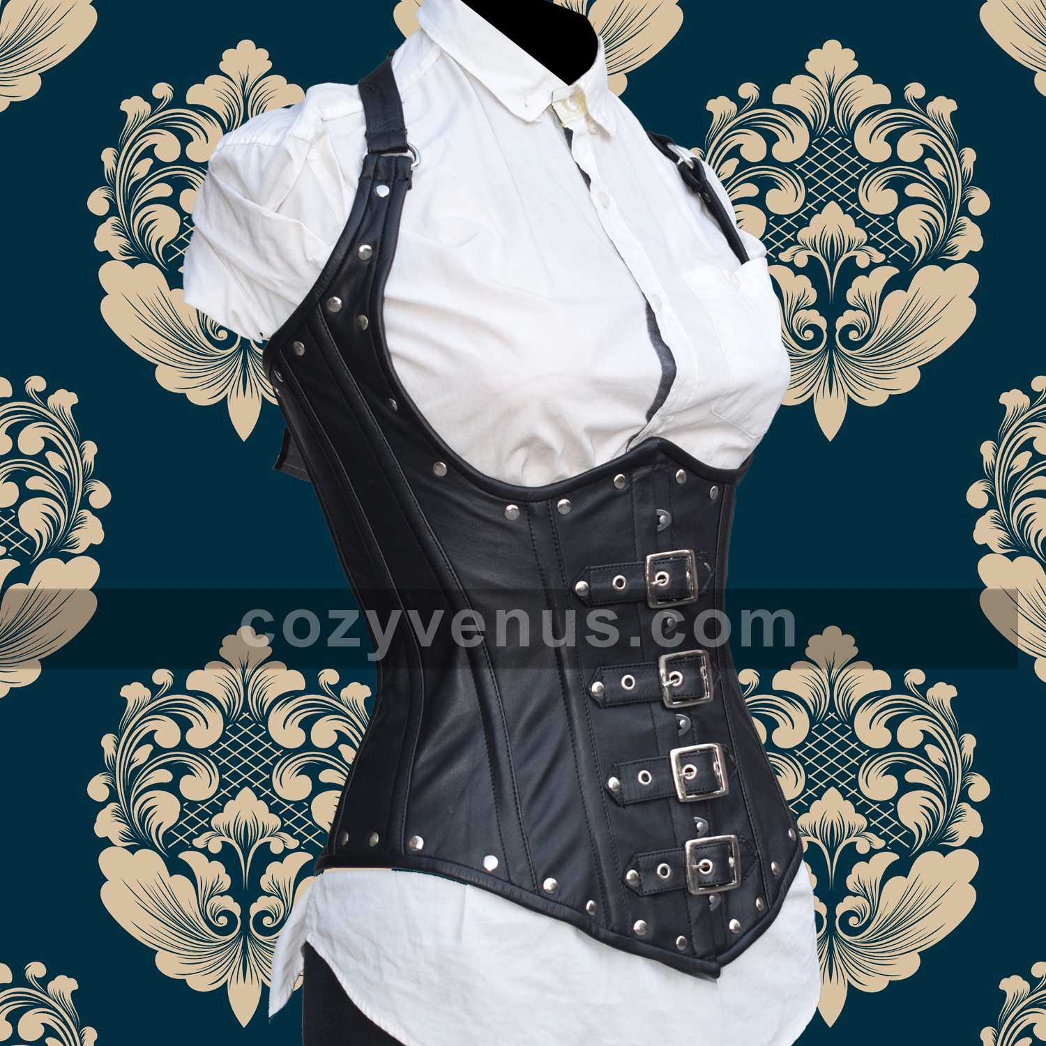 Black Genuine Leather Buckle Corset | Sexy Girl Underbust Steel Bone Bondage Corset